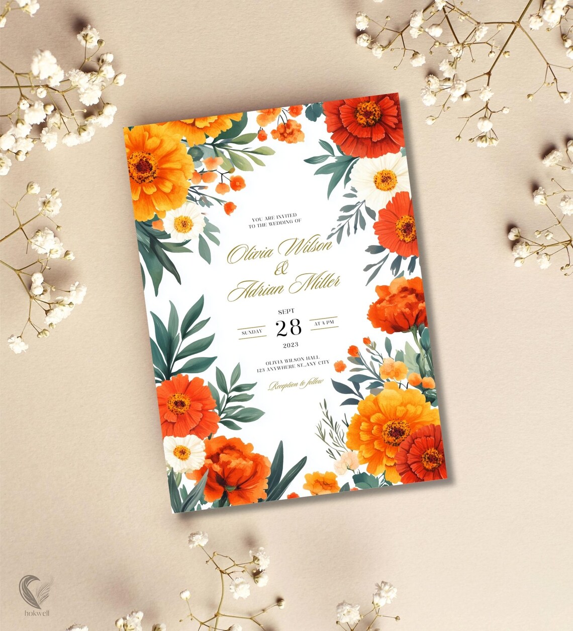 Mexican Fiesta Wedding Invitation: Marigold Floral, Rustic Boho ...