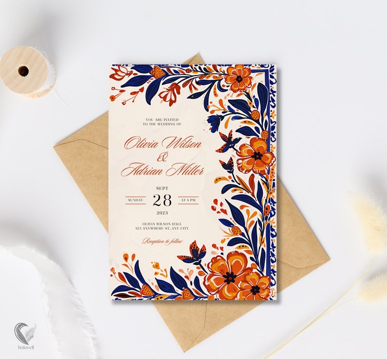 Talavera Tile Wedding Invitation: Mexican Fiesta Floral Design (digital ...