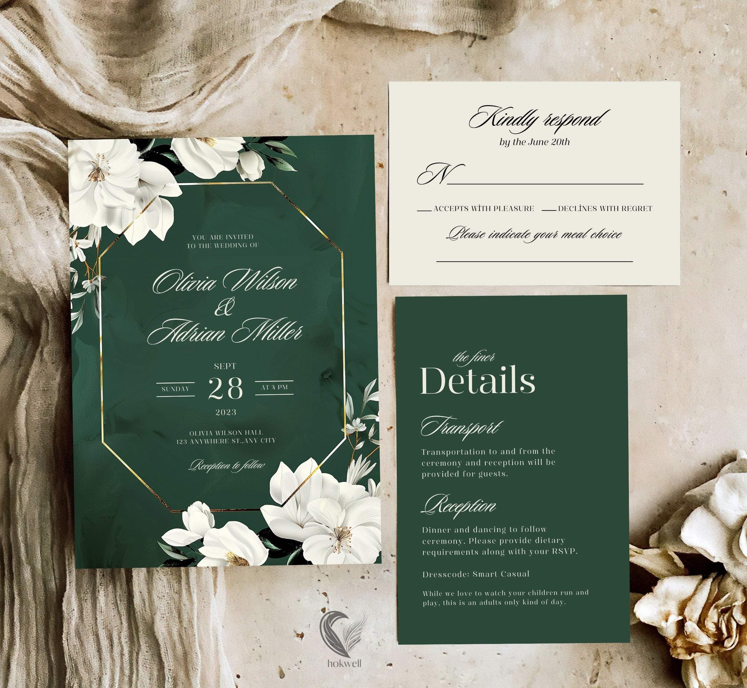 Elegant Green and White Floral Wedding Invitation, Gold Geometric Frame ...