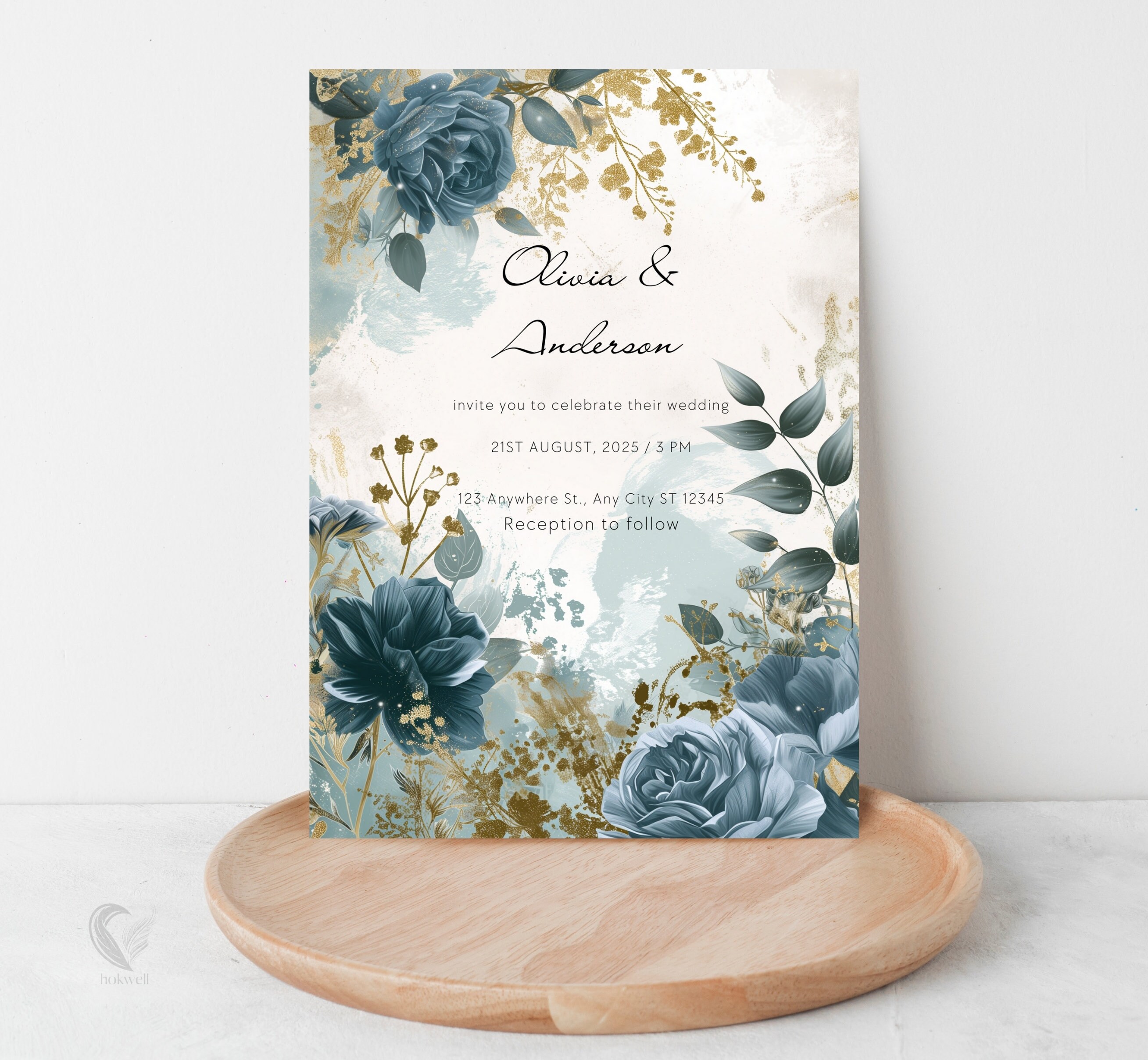 Editable Dusty Blue Floral Wedding Invite, Gold Accents 5x7 Digital ...