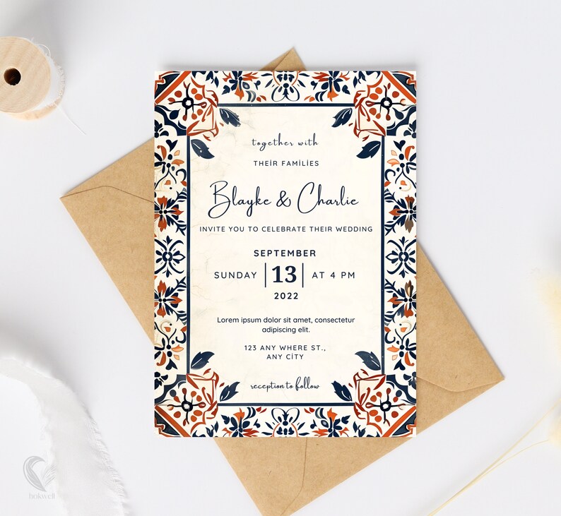 Talavera Tile Wedding Invitation: Mexican Fiesta, Blue & Orange Floral ...