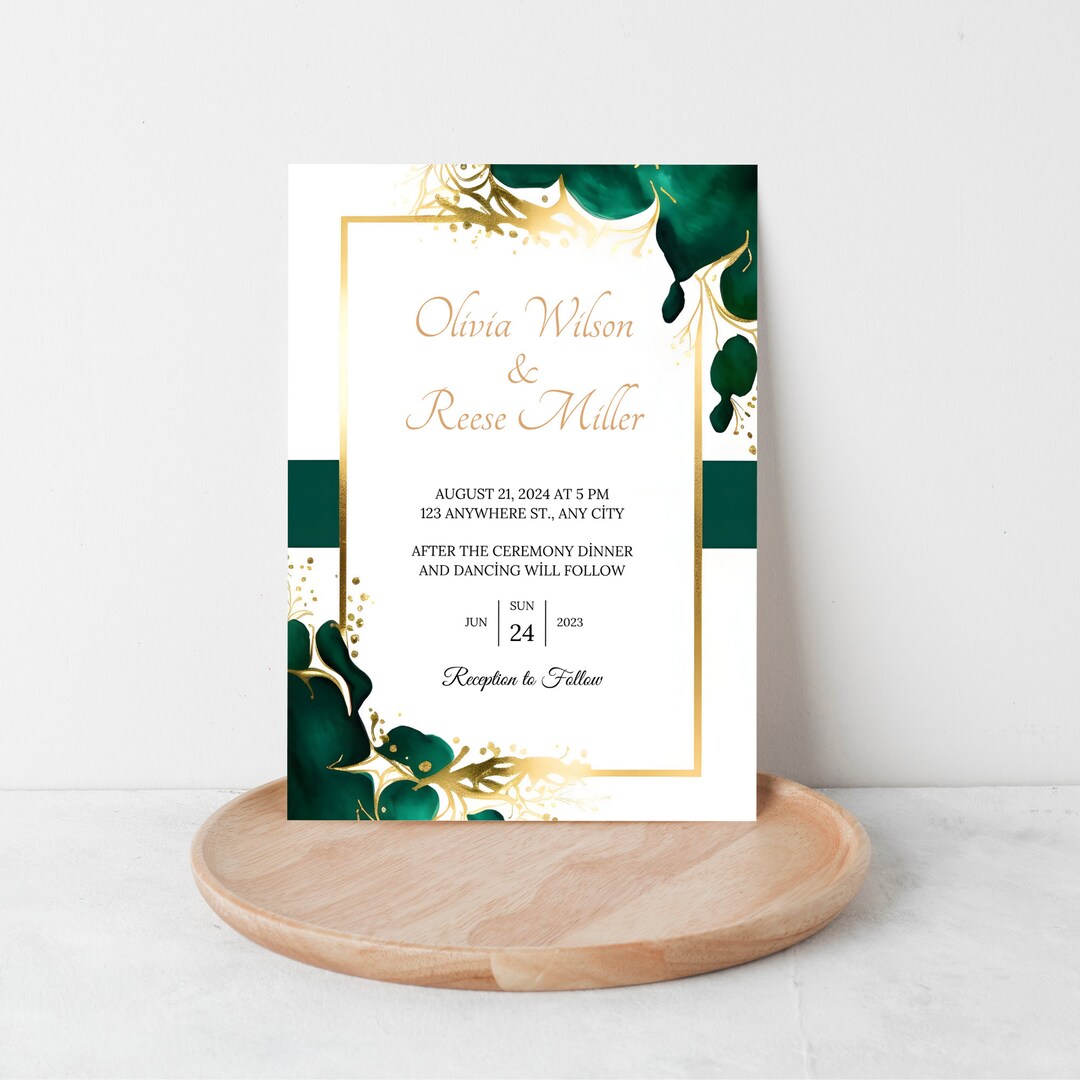 Emerald Green and Gold Wedding Invitation Template, Modern Green and ...