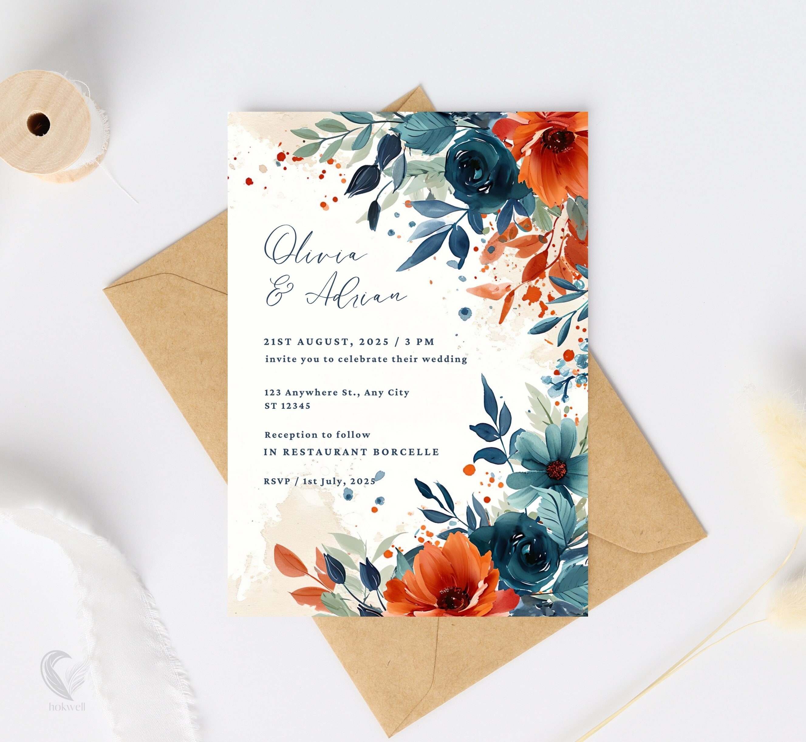 Boho Chic Teal & Burnt Orange Floral Wedding Invite, Digital Bohemian ...