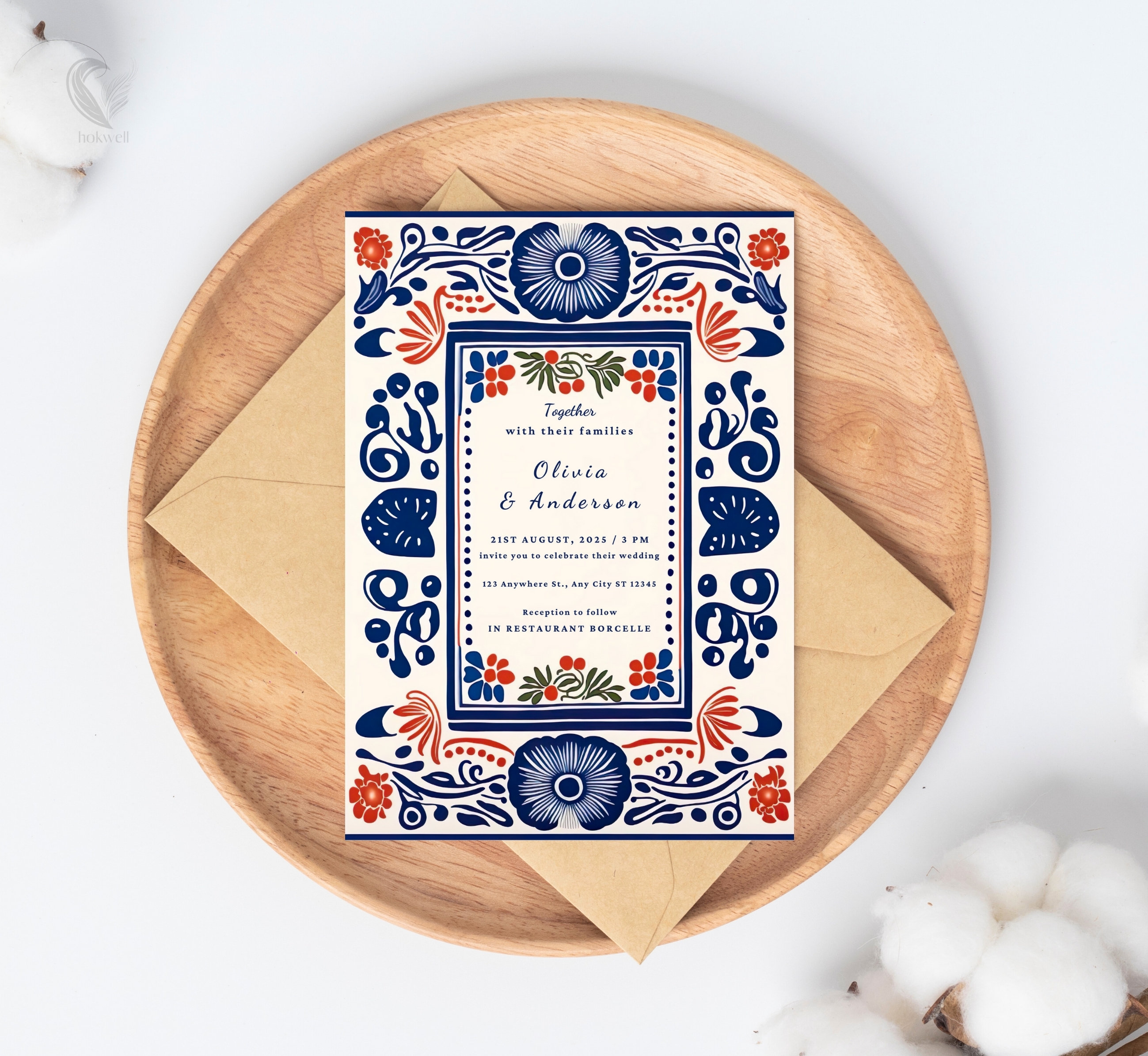 Blue & Red Talavera Tile Inspired Wedding Invite 5x7 Elegant Digital ...