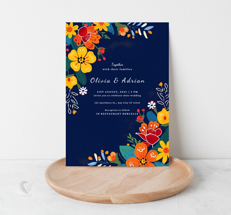 Blue Mexican Talavera Invitation Template, 5x7 Floral Printable Wedding ...