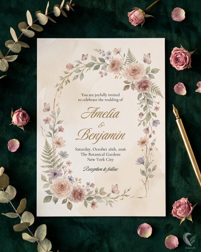 Watercolor Floral Wedding Invitation Set: Editable Template, Dusty Rose ...