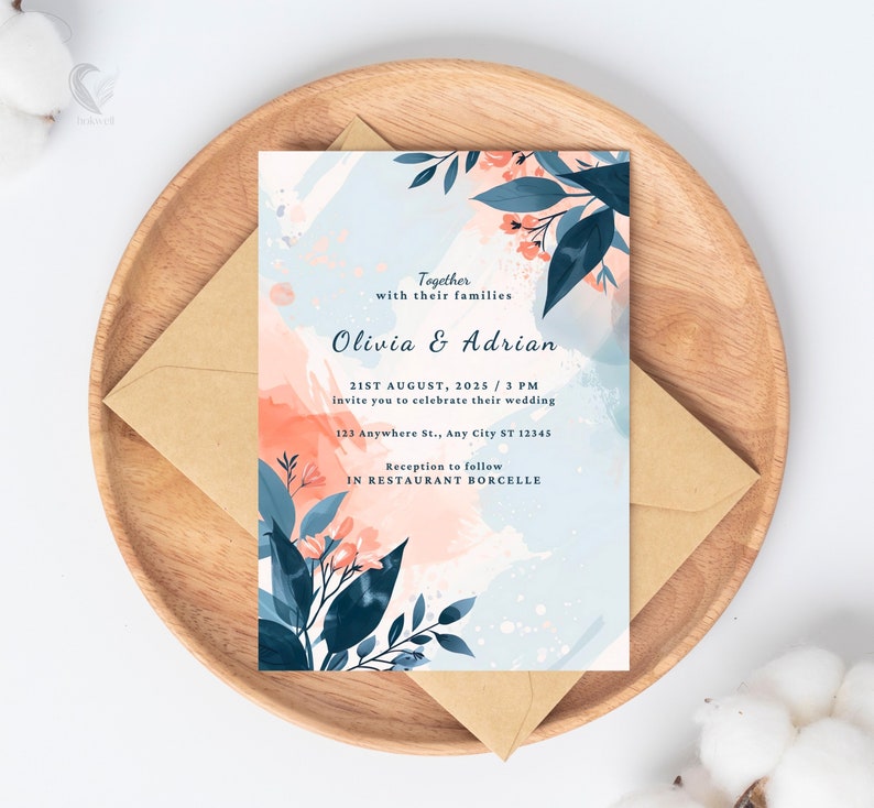 Navy & Coral Floral Wedding Invitation: Watercolor Botanical Theme (PDF ...