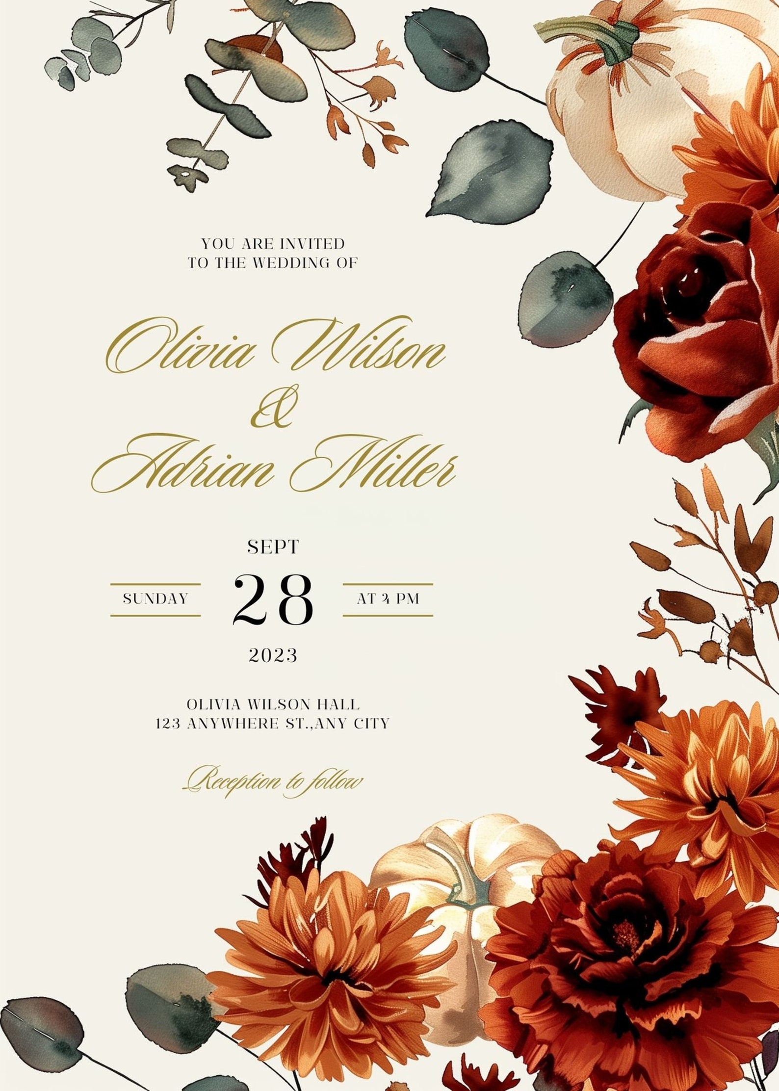 Autumn Wedding Invitation, Fall Floral Invites, Burgundy and Orange ...