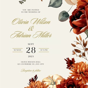 Autumn Wedding Invitation, Fall Floral Invites, Burgundy and Orange ...