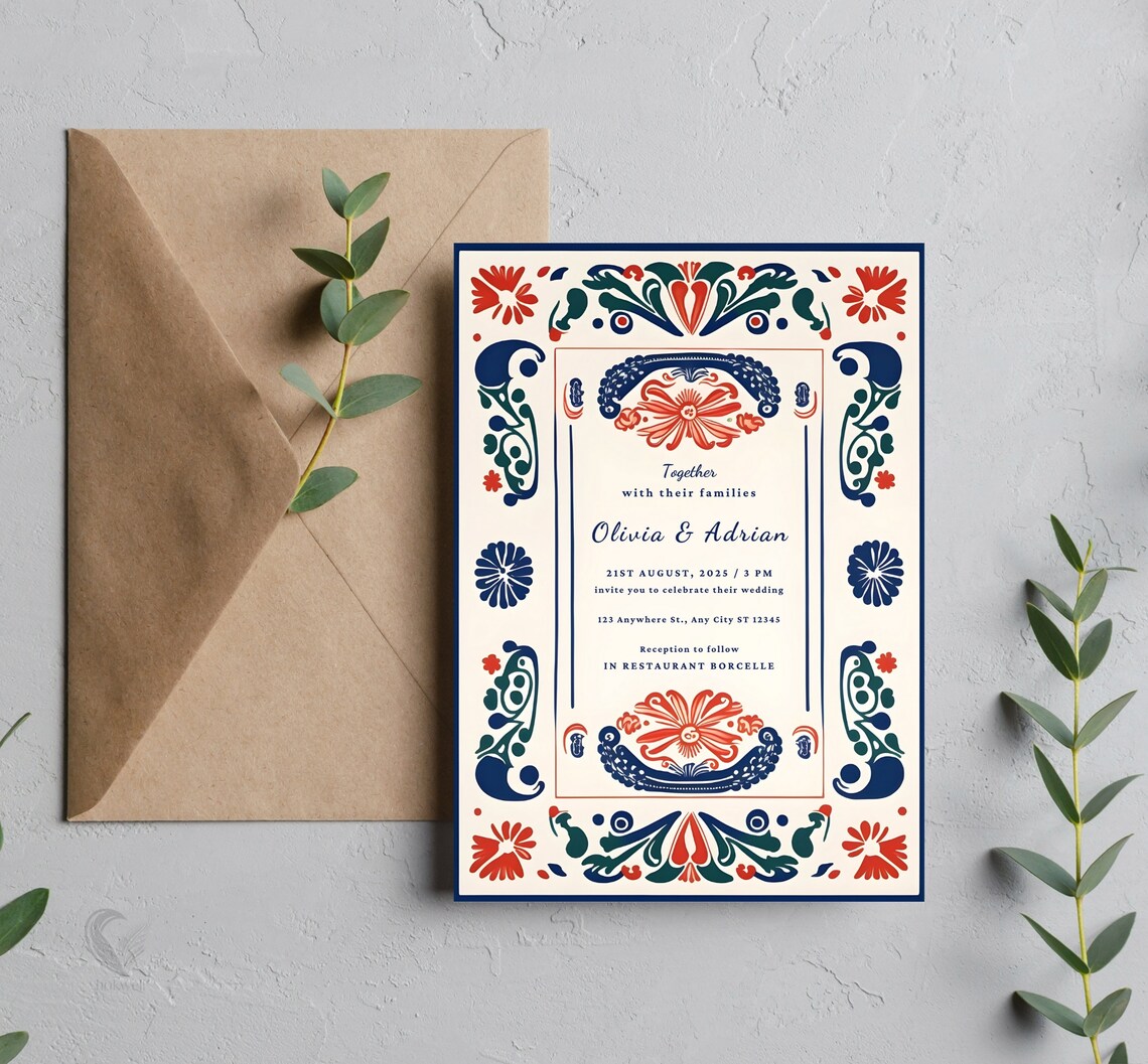 Traditional Mexican Talavera Tile 5x7 Invite, Digital Folk Art Wedding ...