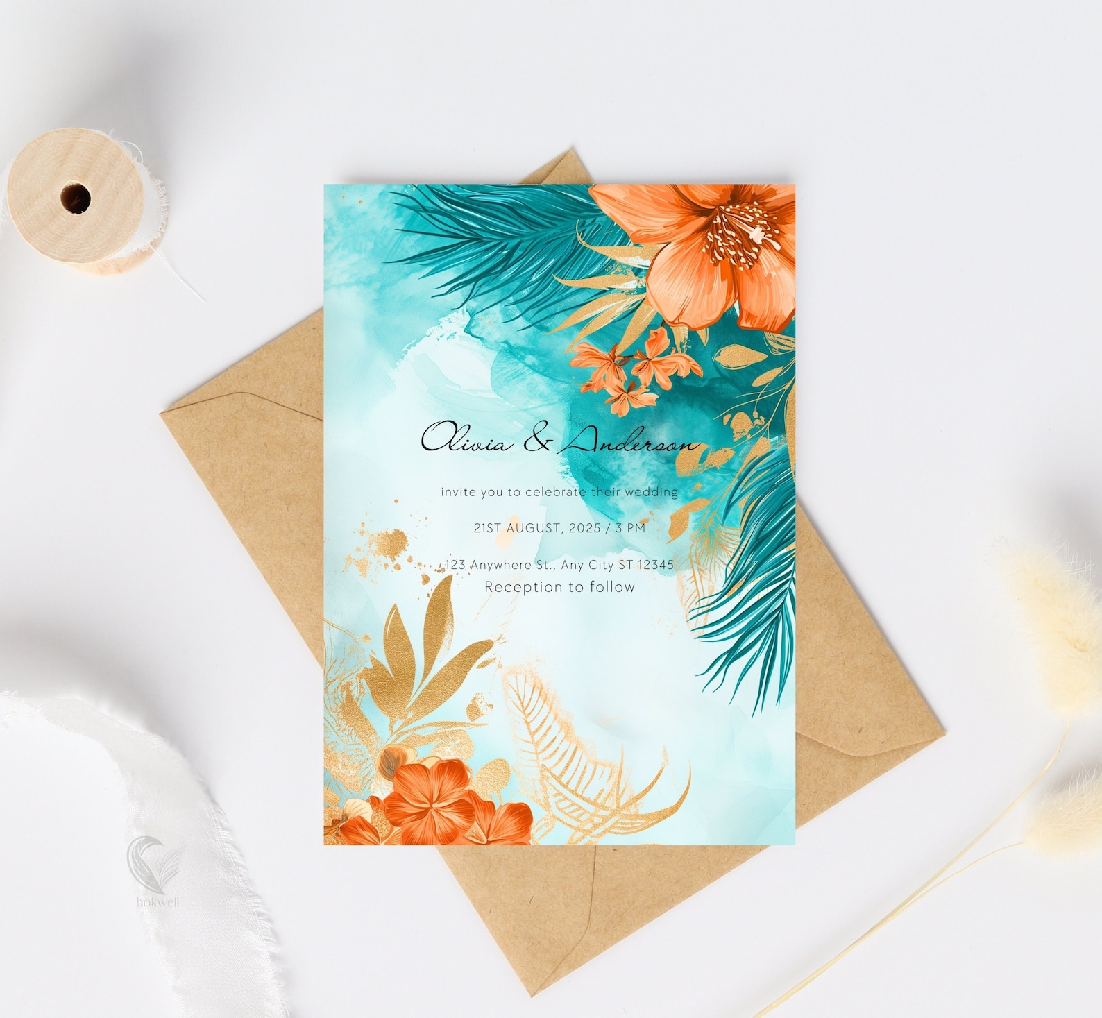 Tropical Teal & Coral Floral Wedding Invite, Editable 5x7 Invitation ...