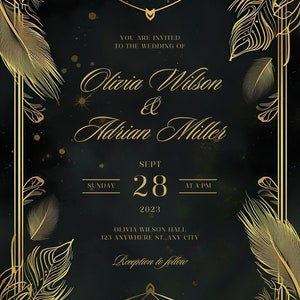Roaring Twenties Digital Wedding Invite, 5x7 Black & Gold Editable ...