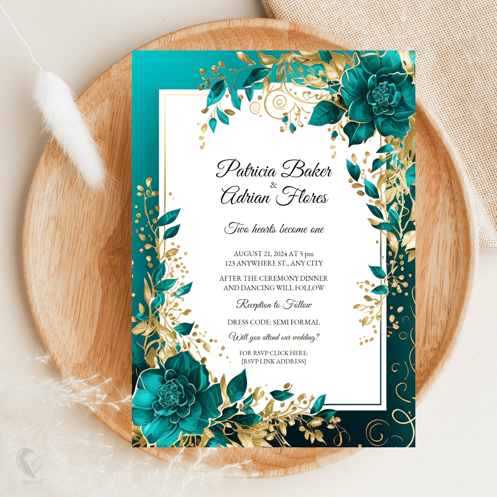 Teal Wedding Invitation Card With Floral Design, Aqua Accents, and ...