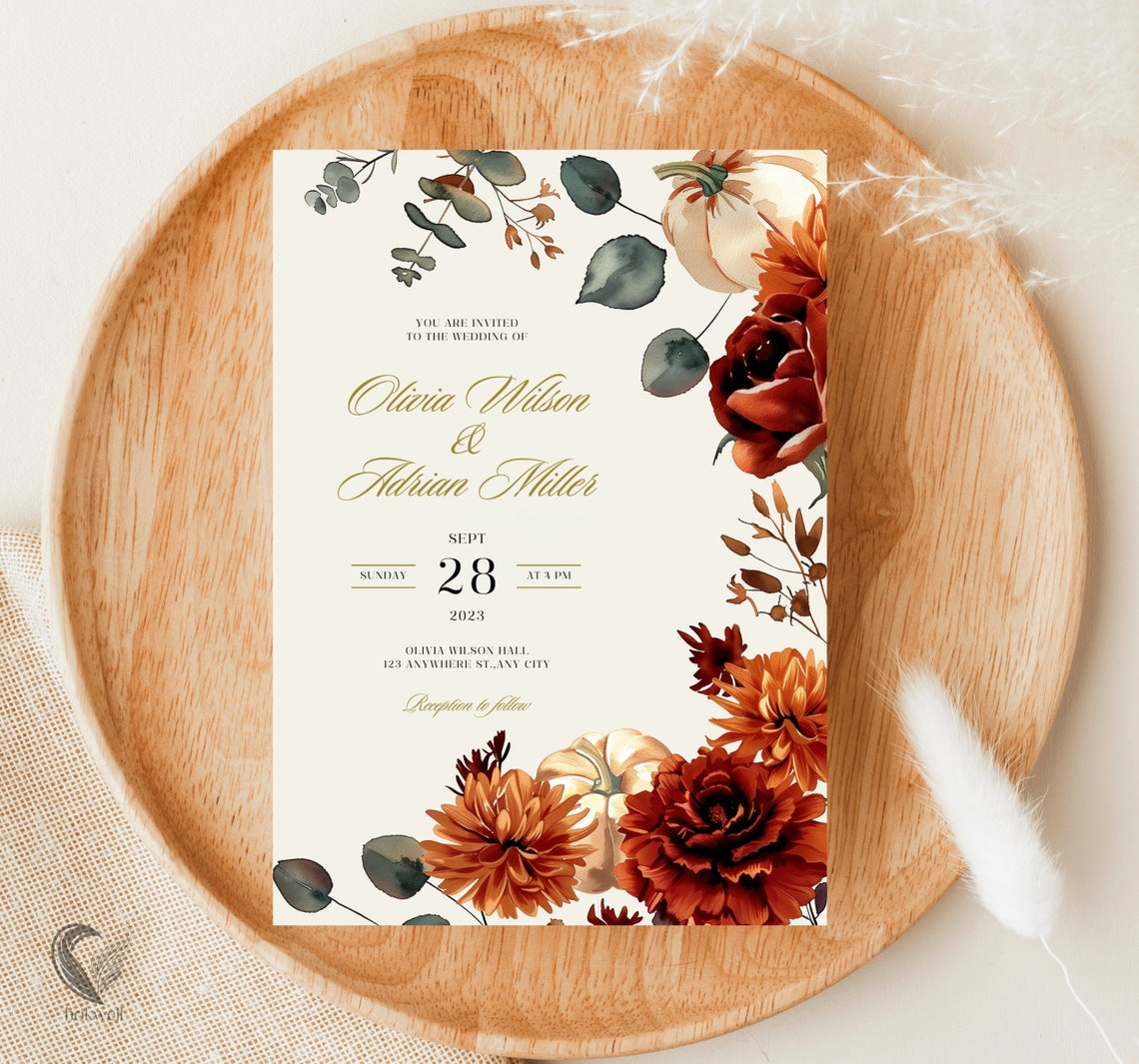 Autumn Wedding Invitation, Fall Floral Invites, Burgundy and Orange ...