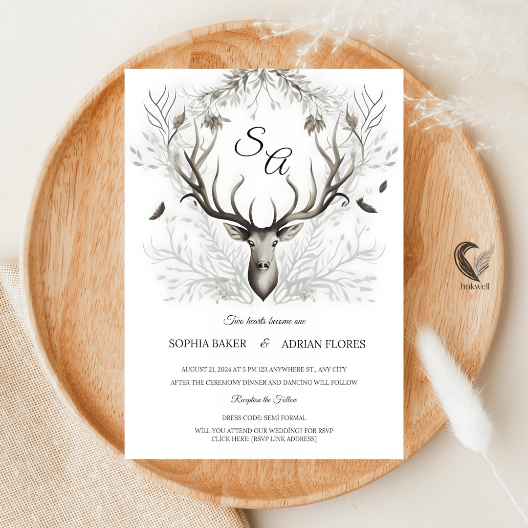 Deer Antler Wedding Invitations Template: Boho Floral Design - Etsy