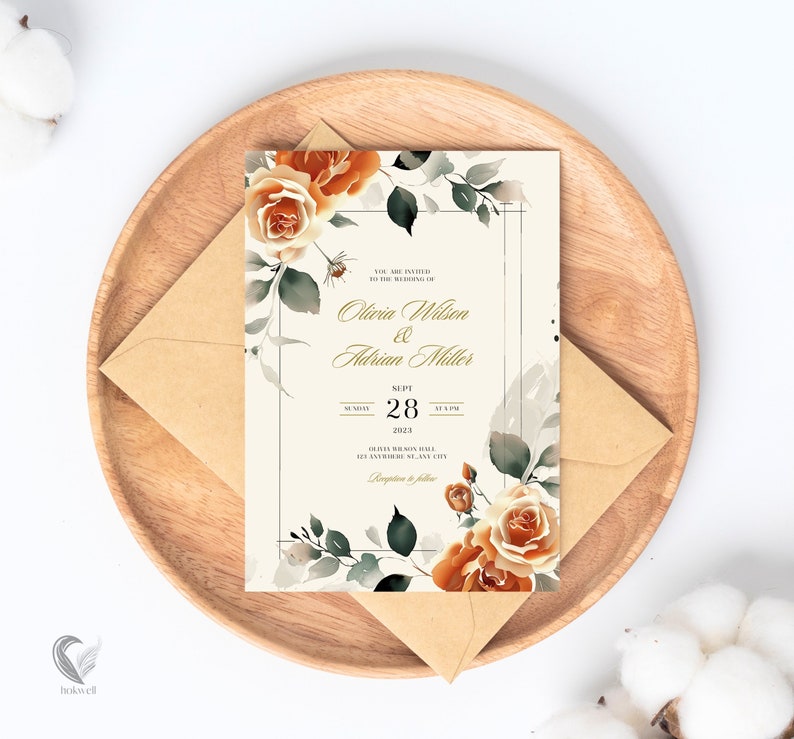 Rustic Boho Wedding Invitation, Terracotta Floral Invite, Orange and ...