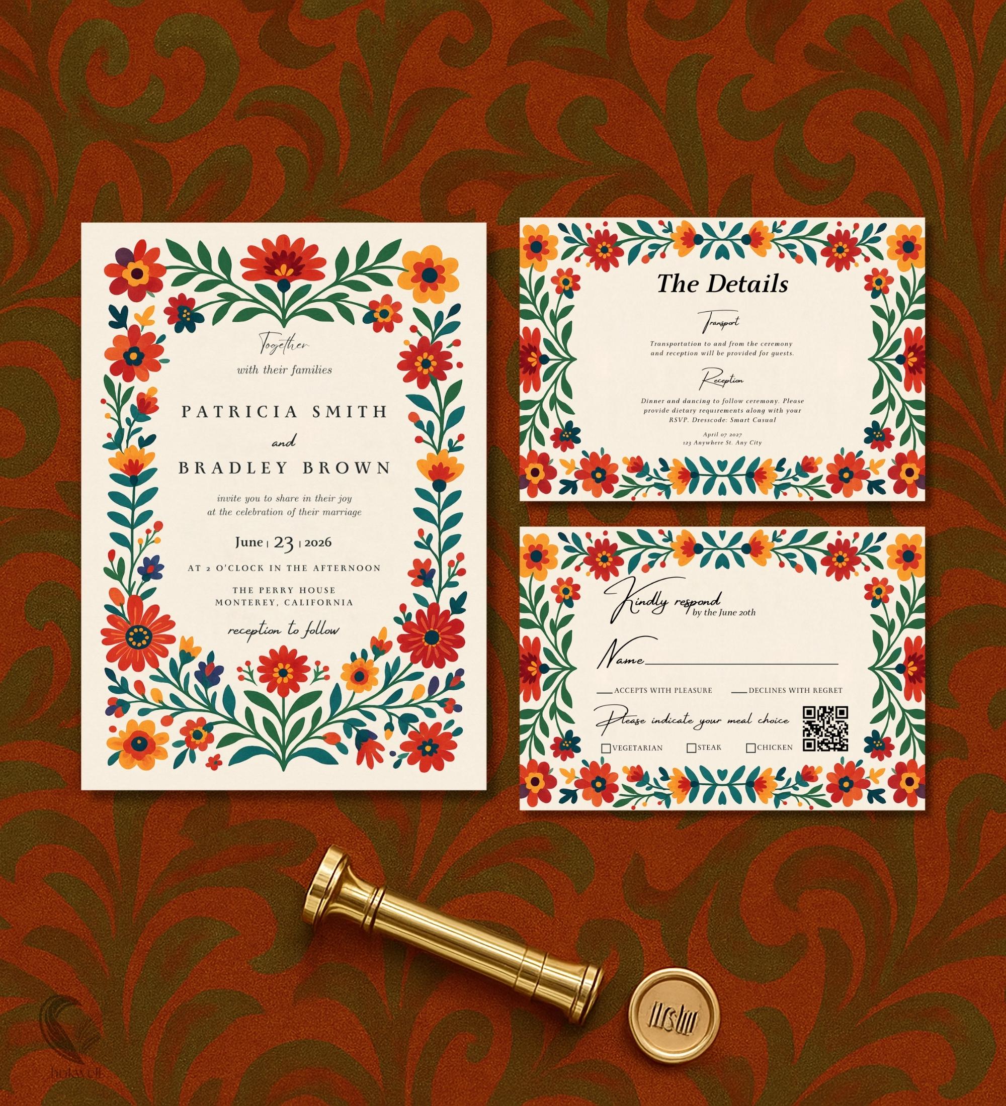 Mexican Wedding Invitation, Talavera Tile Fiesta Invite, Red and Orange ...