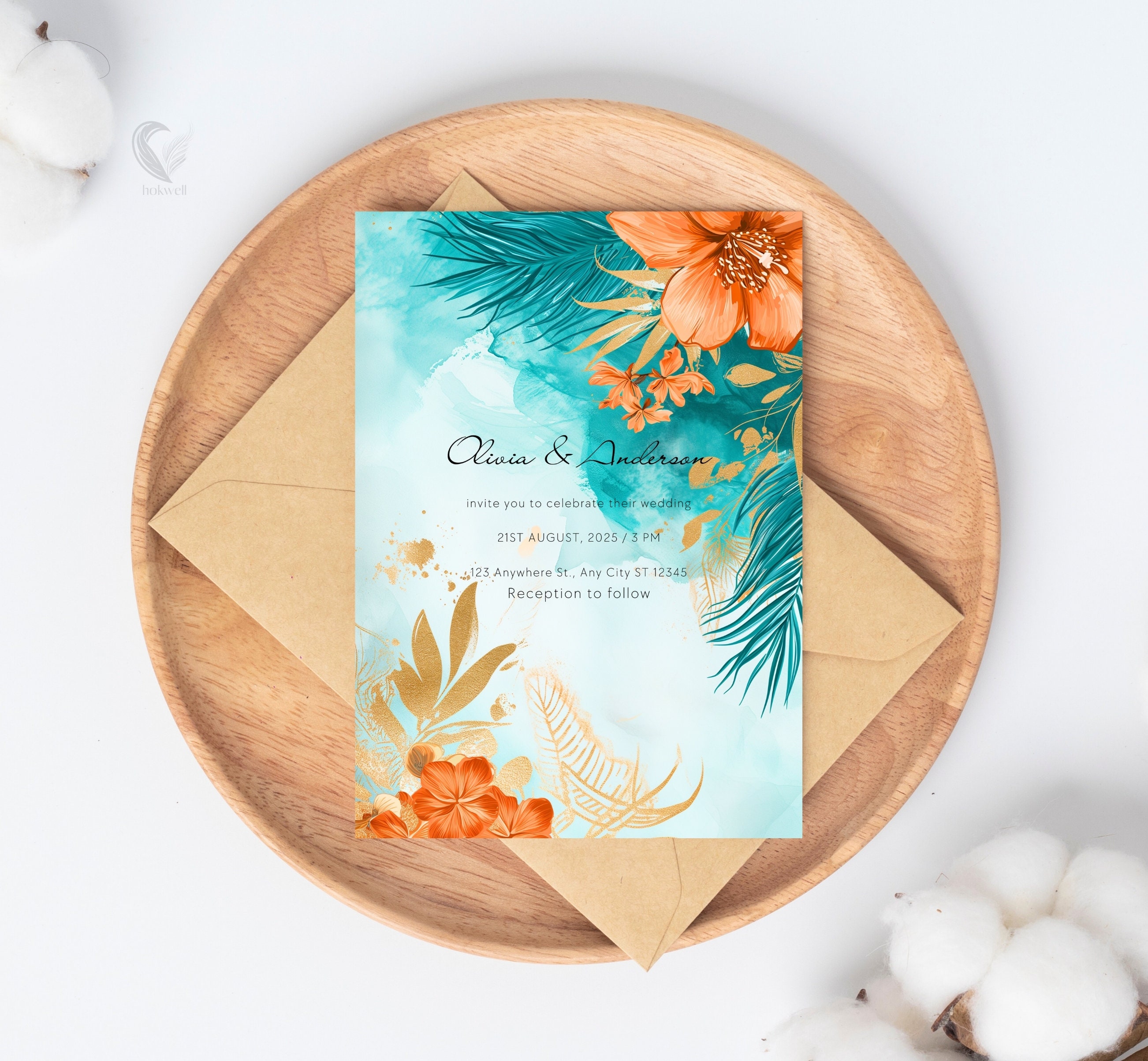 Tropical Teal & Coral Floral Wedding Invite, Editable 5x7 Invitation ...