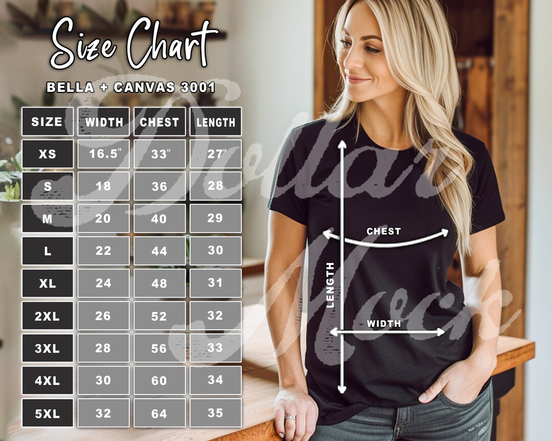 Bella Canvas 3001 Size Chart Size Guide Tshirt Measurements Chart Sizing Guide Shirt Sizes T ...