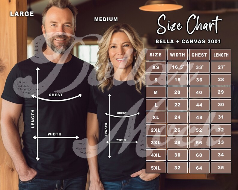 Size Chart Bella Canvas 3001 Size Guide Tshirt Measurements - Etsy UK
