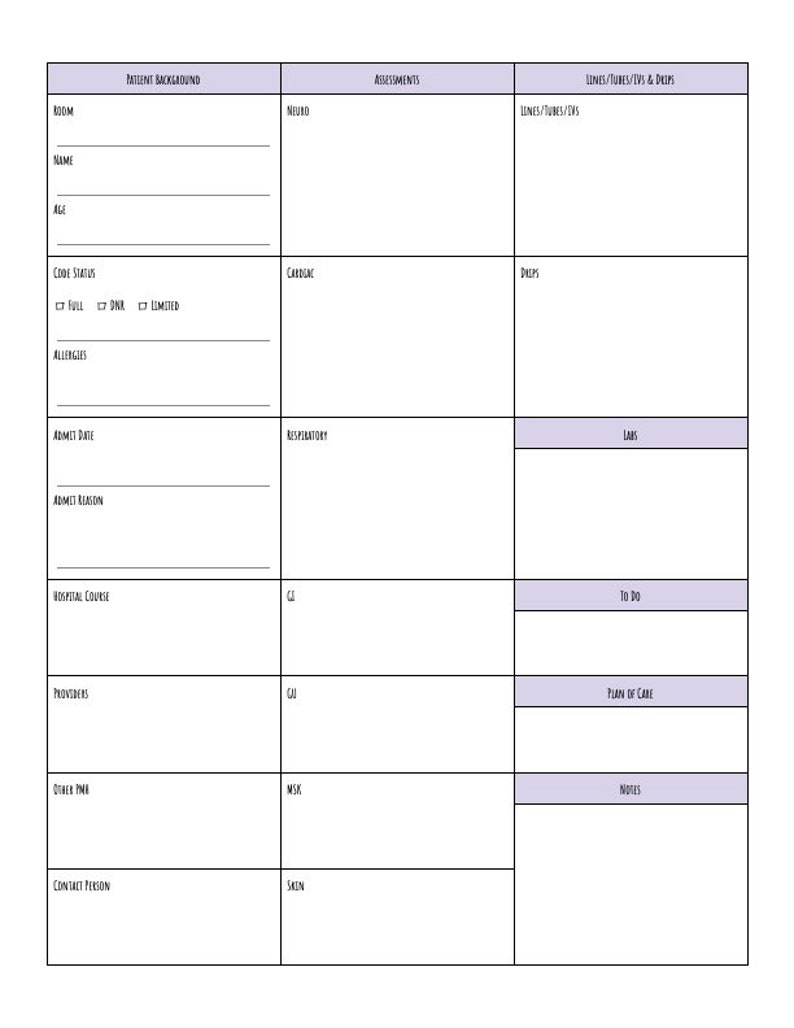Printable Nursing Report Sheet, ICU Nurse Report Sheet PDF, Patient ...