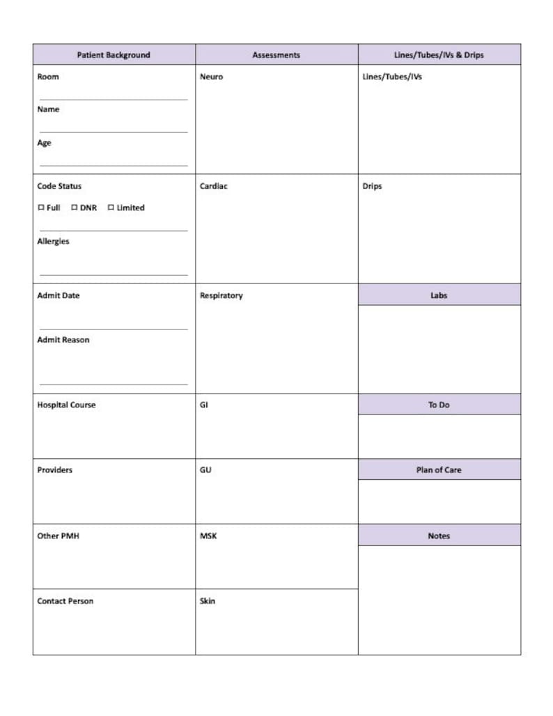 Printable Nursing Report Sheet, ICU Nurse Report Sheet PDF, Patient ...