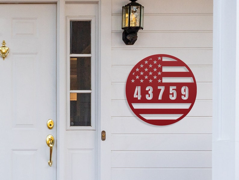 American Flag House Number Metal Sign, Custom Metal USA Flag Sign ...