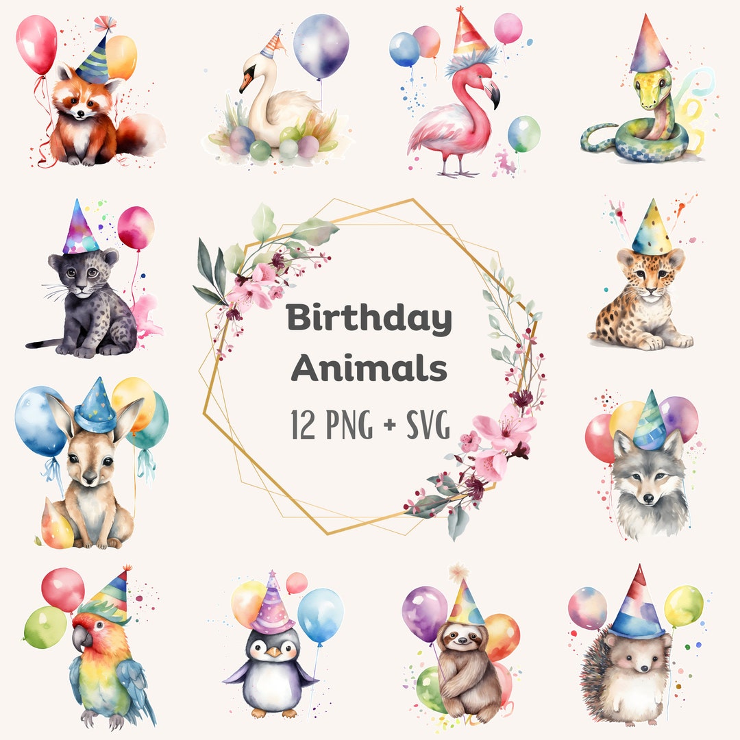 Watercolor Birthday Animals Clipart - 03, 300 Dpi PNG & SVG, Baby ...
