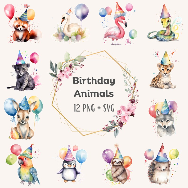 Watercolor Birthday Animals Clipart - 03, 300 Dpi PNG & SVG, Baby ...