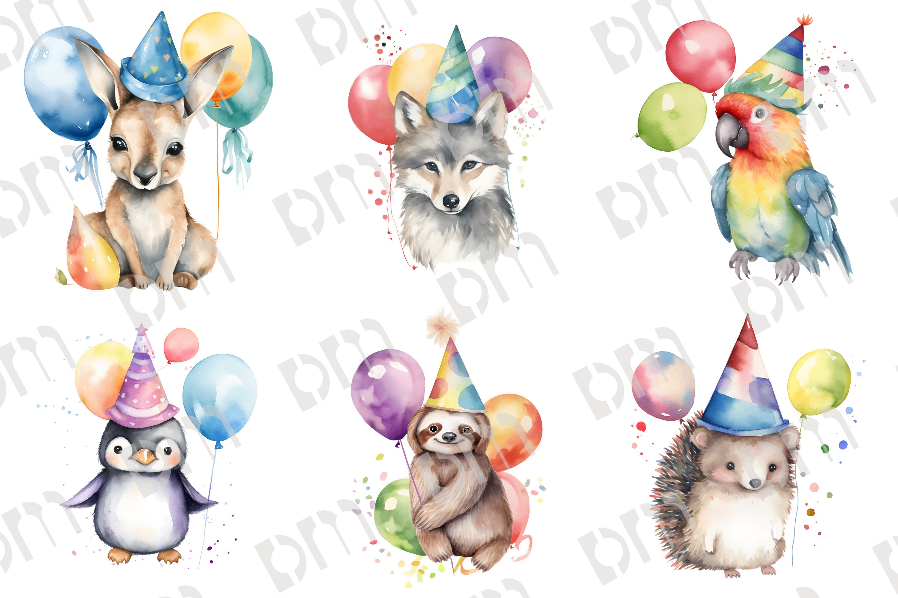 Watercolor Birthday Animals Clipart 03, 300 Dpi PNG & SVG, Baby Shower ...