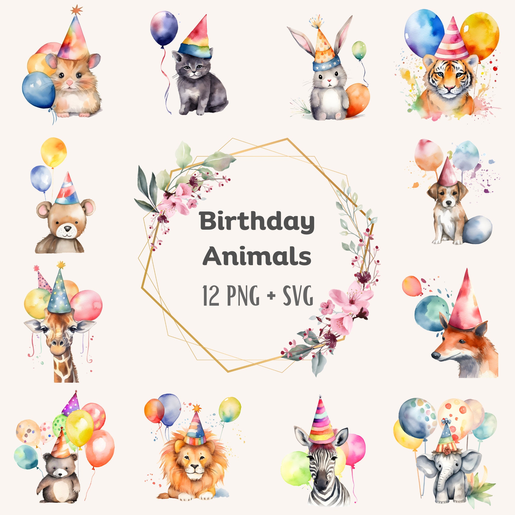 Watercolor Birthday Animals Clipart 01, 300 Dpi PNG & SVG, Baby Shower ...