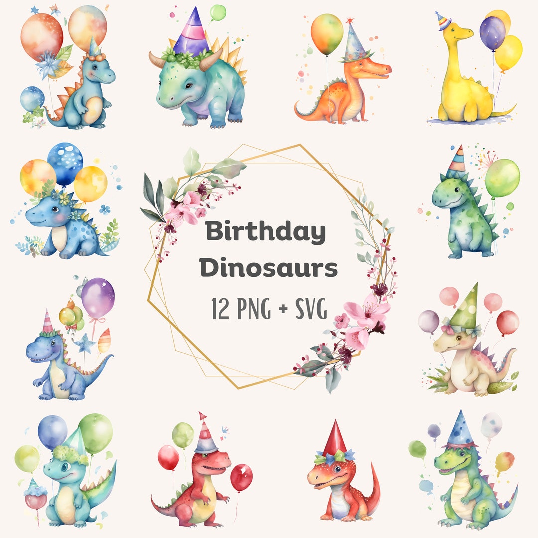 Watercolor Birthday Dinosaurs Clipart, 300 Dpi PNG & SVG, Baby Shower ...