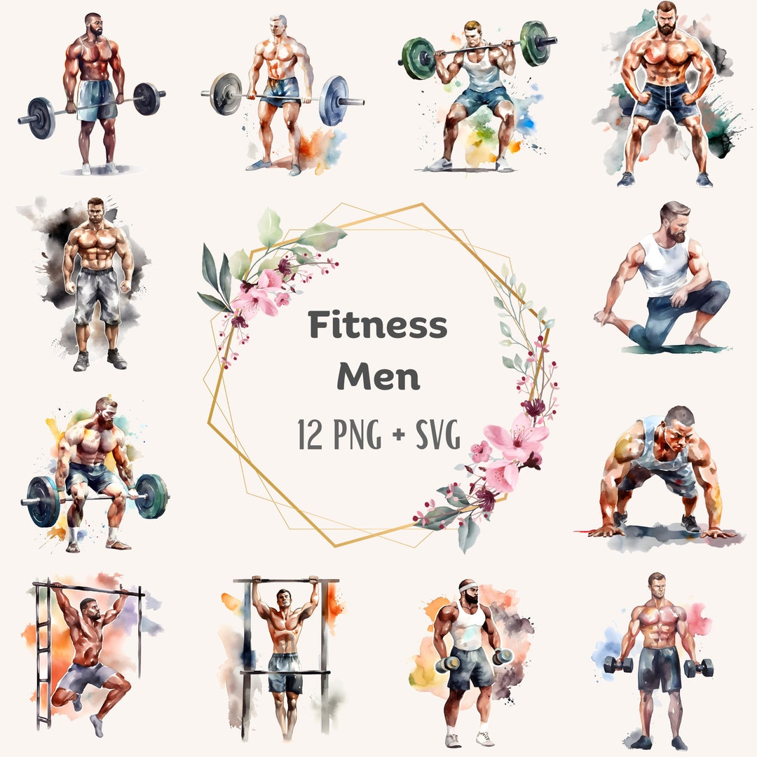 Watercolor Fitness Men Clipart, 300 Dpi Transparent PNG & SVG, Workout ...