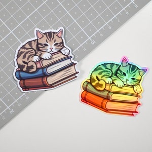 Cat Sleeping on Stack of Books Sticker - Etsy