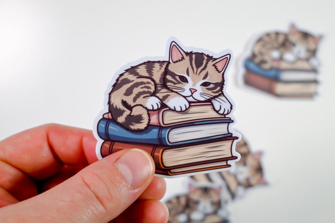 Cat Sleeping on Stack of Books Sticker - Etsy
