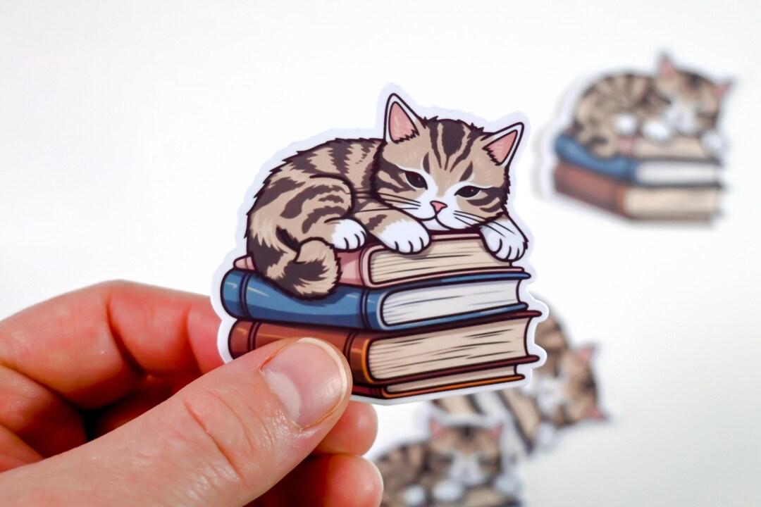 Cat Sleeping on Stack of Books Sticker - Etsy
