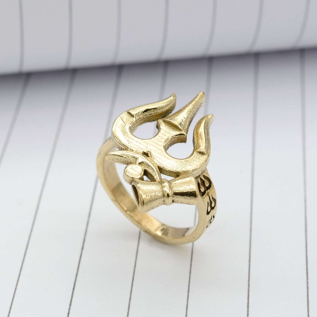 Gold Ohm Ring, Trident Ring, Lord of Shiva Ring, Silver Ring, Yoga Ring ...