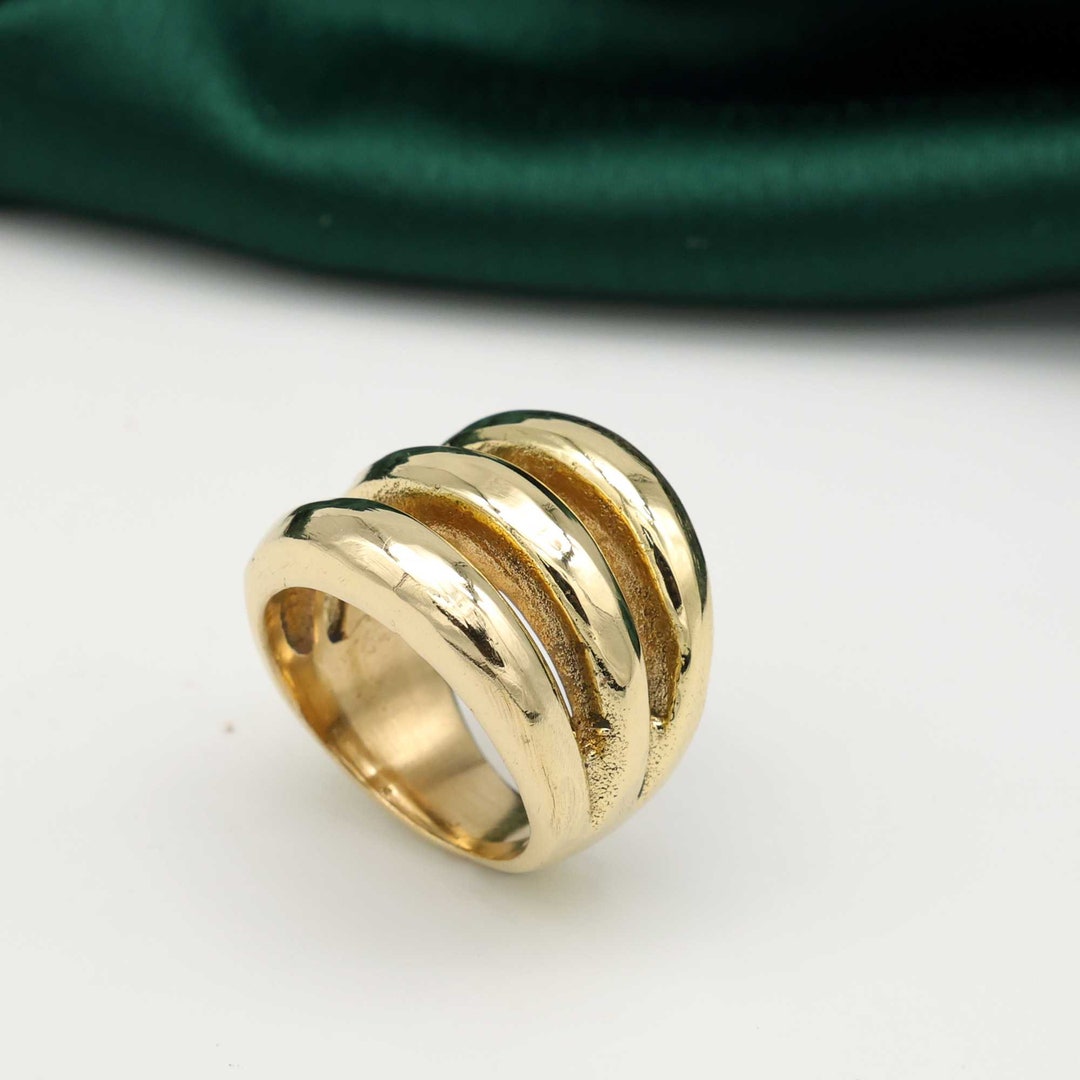 Triple Band Ring, Wide Gold Ring, Large Chunky Puzzle Ring, Unisex Ring, Dome Ring, Triple ...
