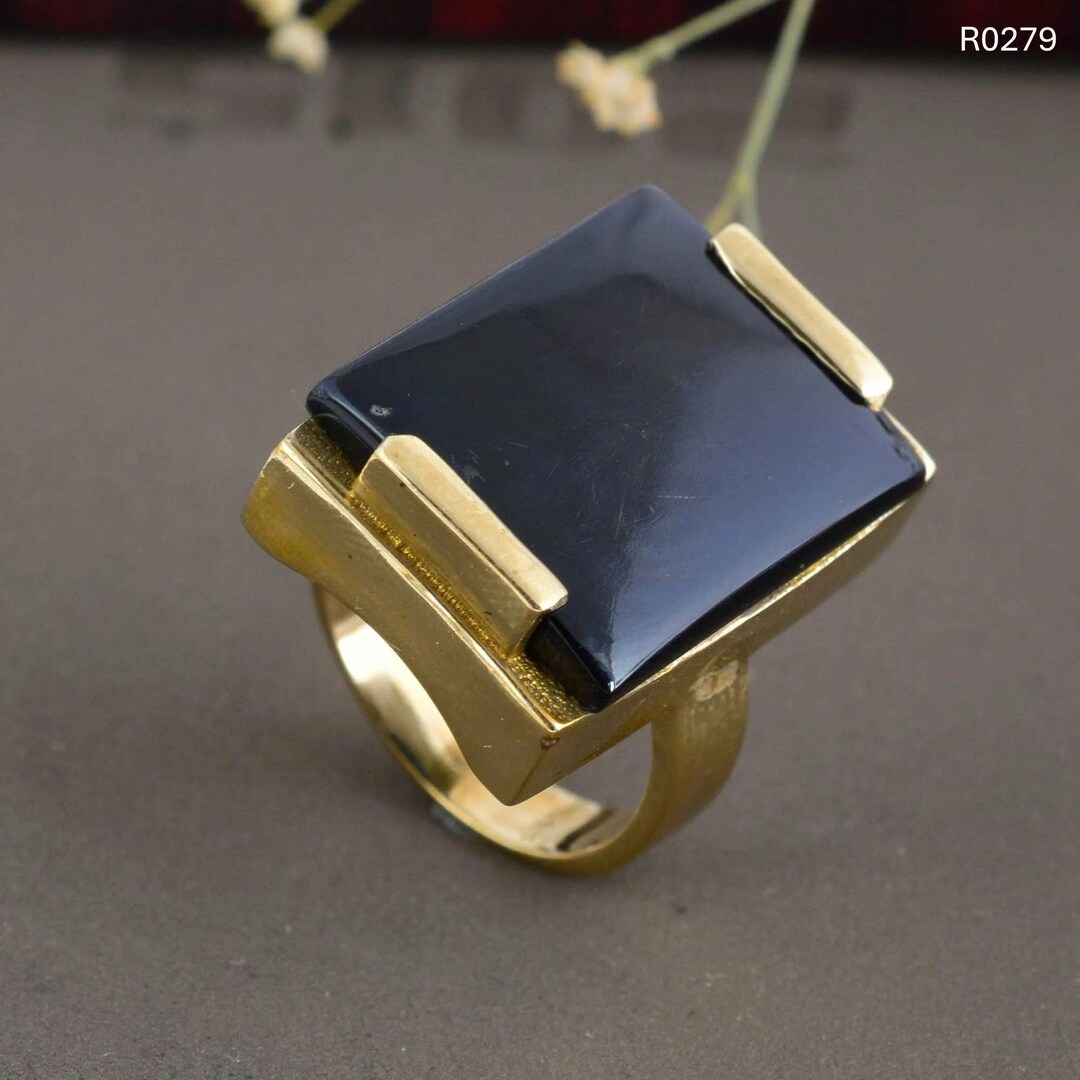 Square Black Onyx Ring: Vintage Brass Handmade Gemstone - Etsy