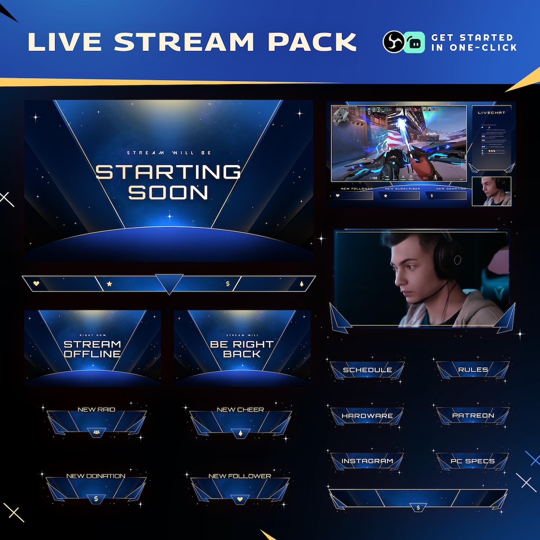 Animated Elegant Blue Gold Space Stream Overlay: Luxury Royal Theme for ...