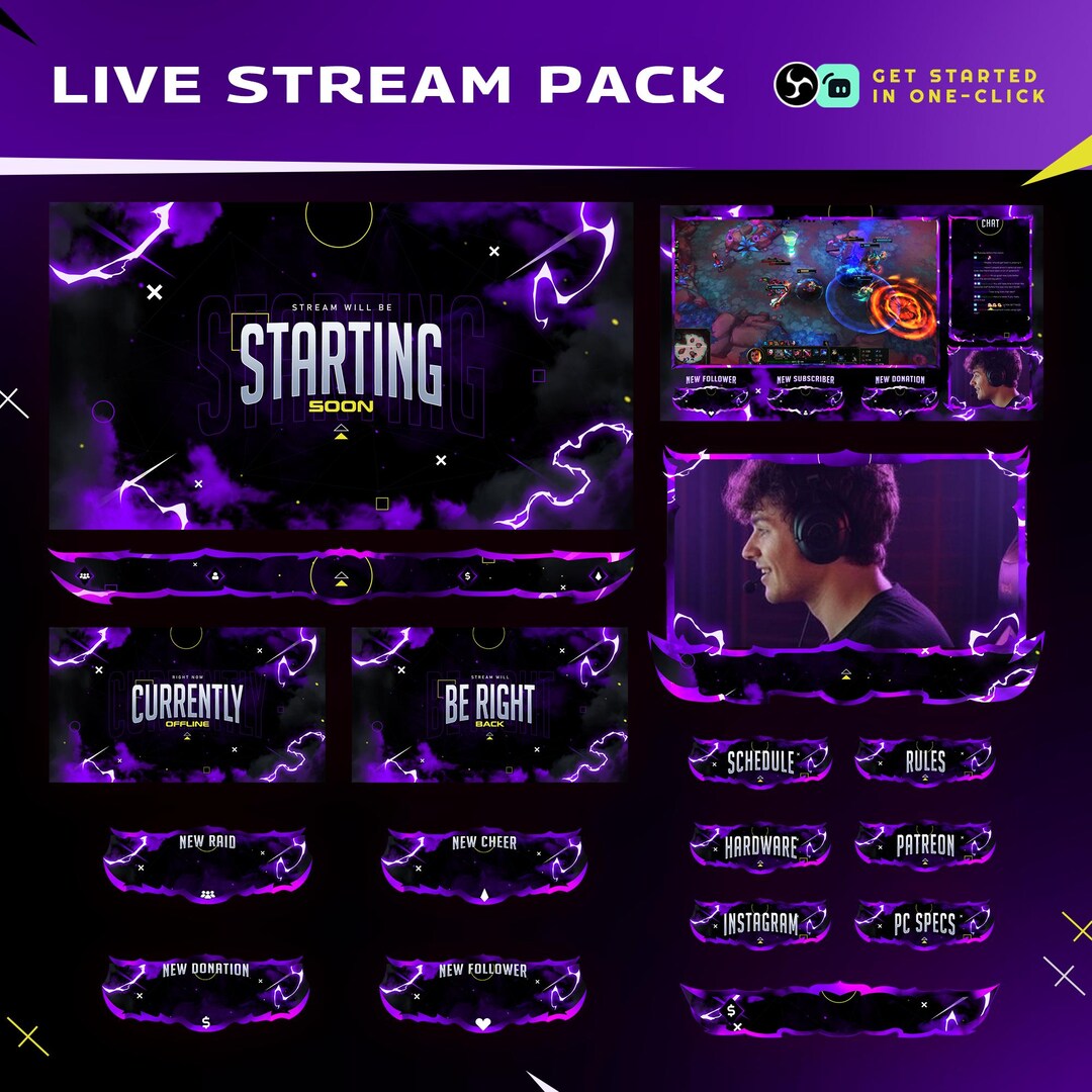 Pack d'animation Addict Stream : Cyber Purple Lightning pour Twitch et ...