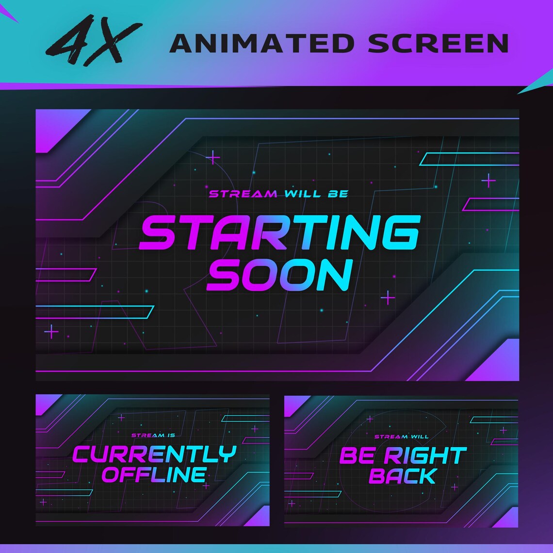 Animated Geometric Gaming Stream Screens: Futuristic Neon Purple and ...