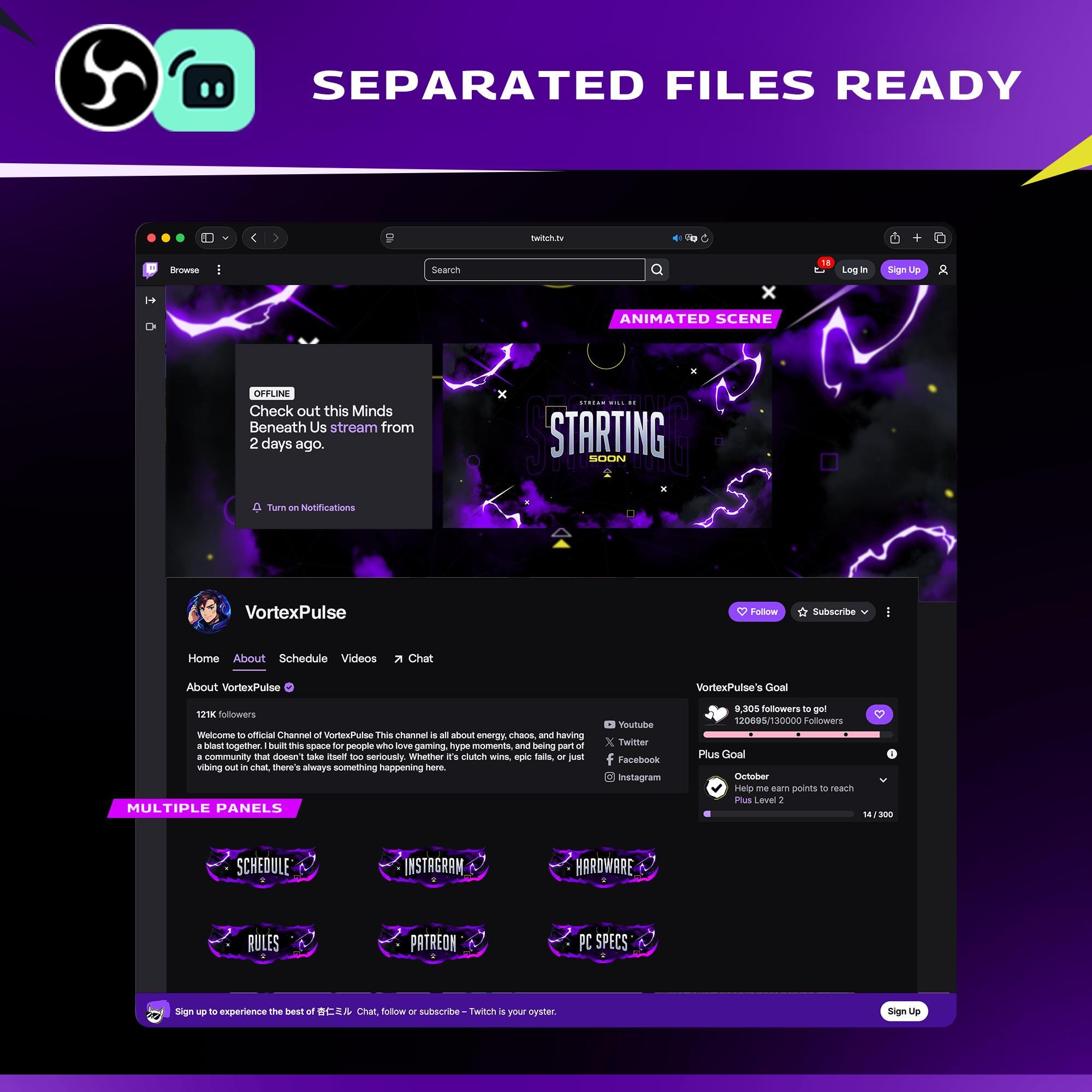 Animated Addict Stream Pack: Cyber Purple Lightning for Twitch and Obs ...