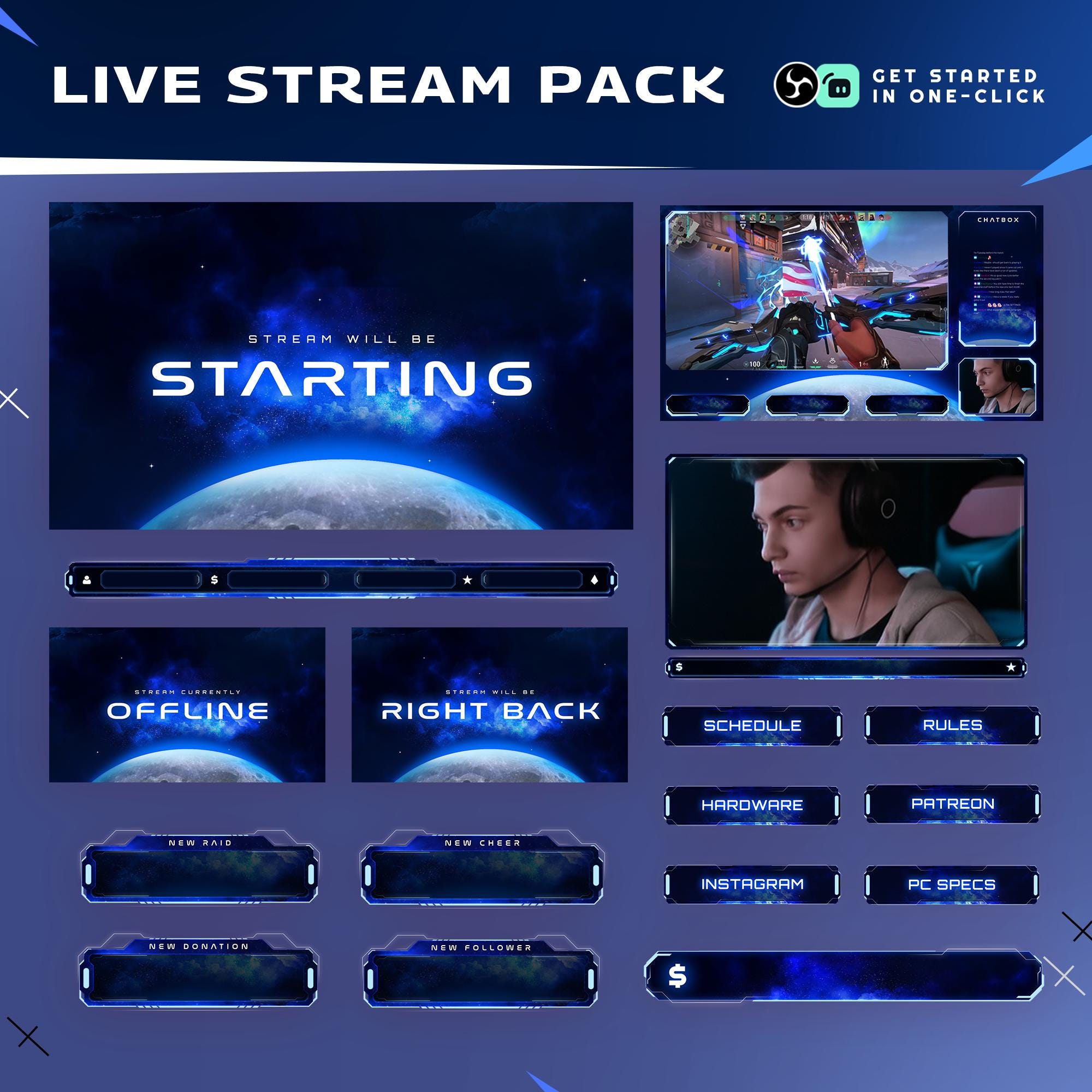 Animated Horizon Stream Overlay: Blue Sci-fi Space for Twitch, OBS, and ...