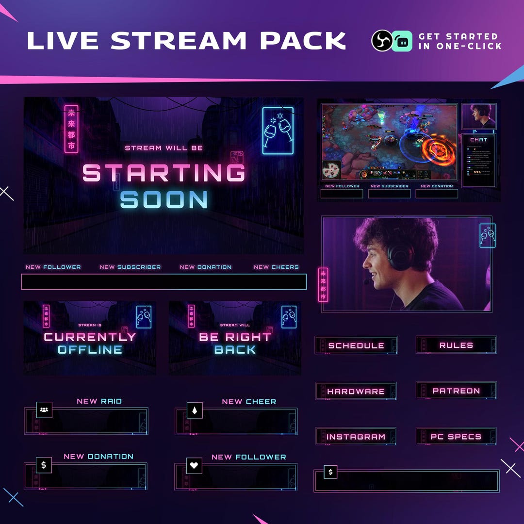 Animated Cyber Tokyo Rush Stream Overlay: Futuristic Neon Purple Theme ...