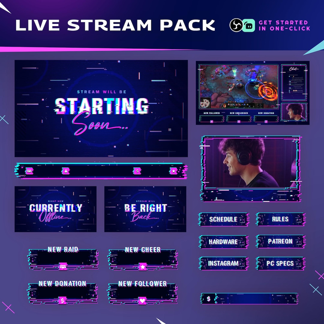 Animated Cyber Glitch Stream Overlay: Futuristic Blue Tech for Twitch ...