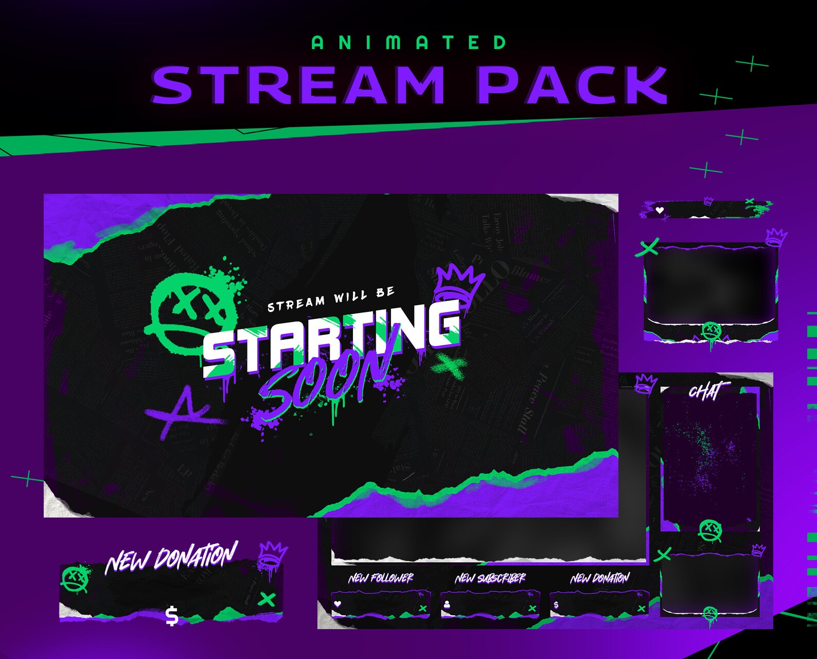Ripped Paper Animated Twitch Overlay Package Bundle/dark Theme/brush ...