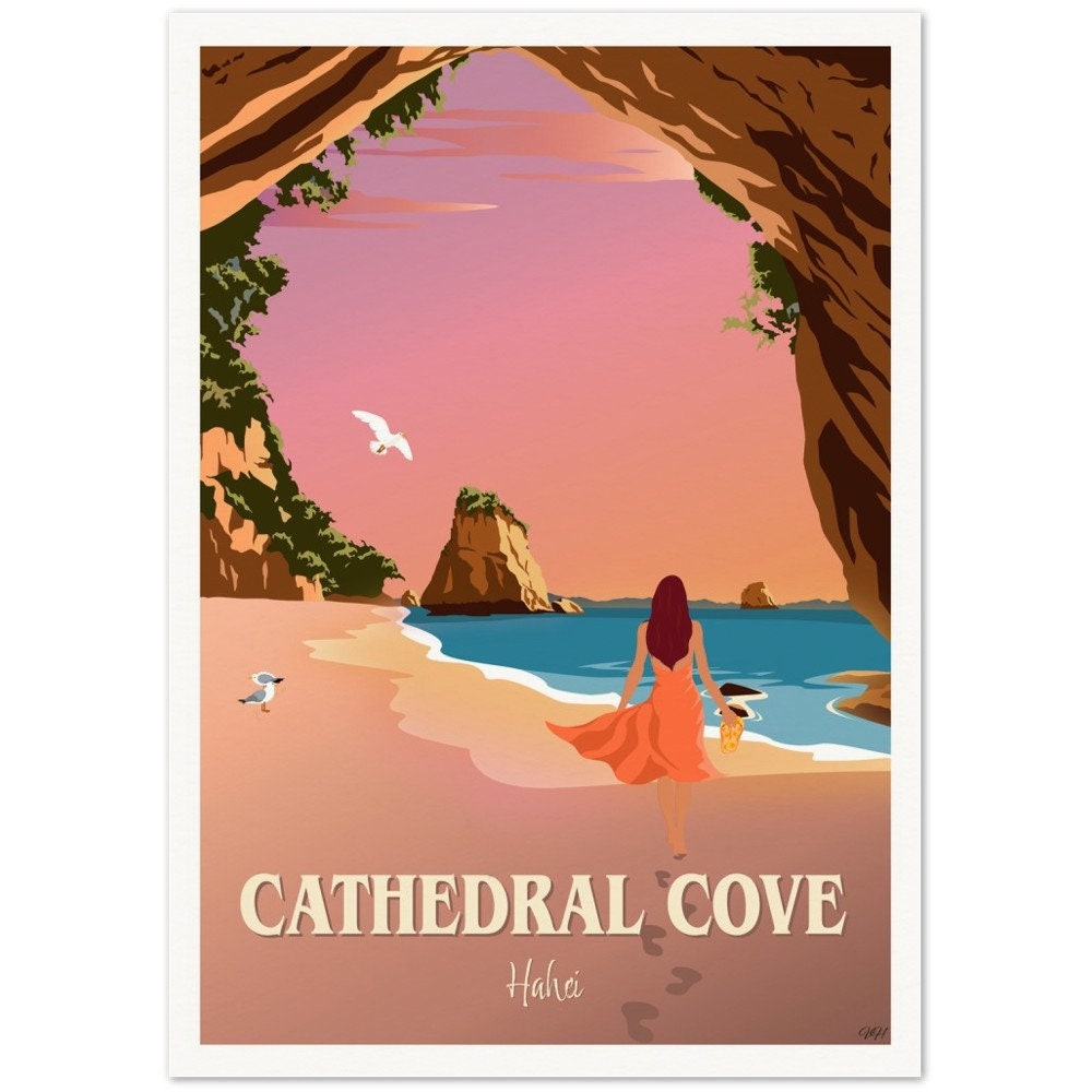 Cathedral Cove - Hahei - Travel Poster, New Zealand - Etsy