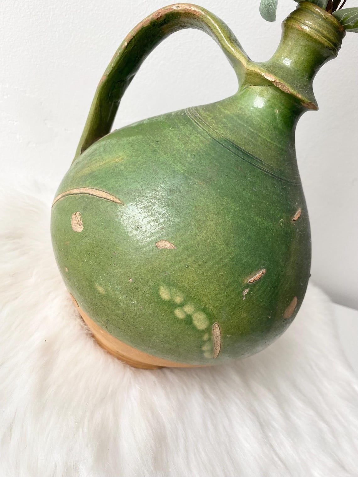 1860s Rustical Green Glazed Ceramic Wine Jug With Handle Handmade ...