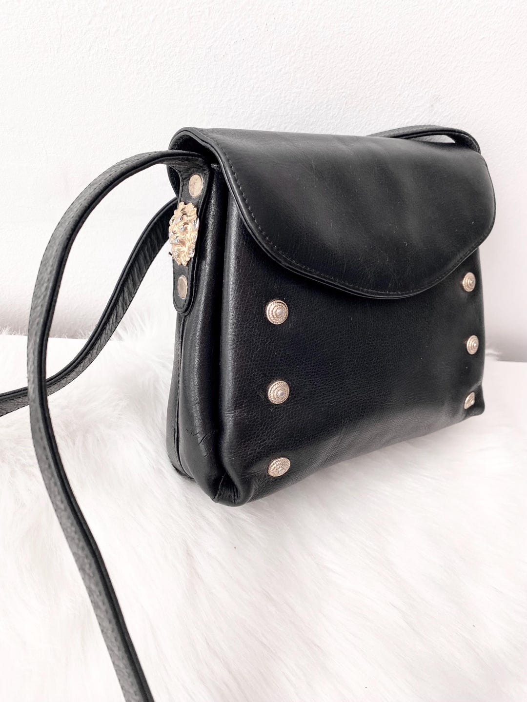 Vintage ALTA MODA Genuine Leather Crossbody Bag Black Lion Heads Italy ...